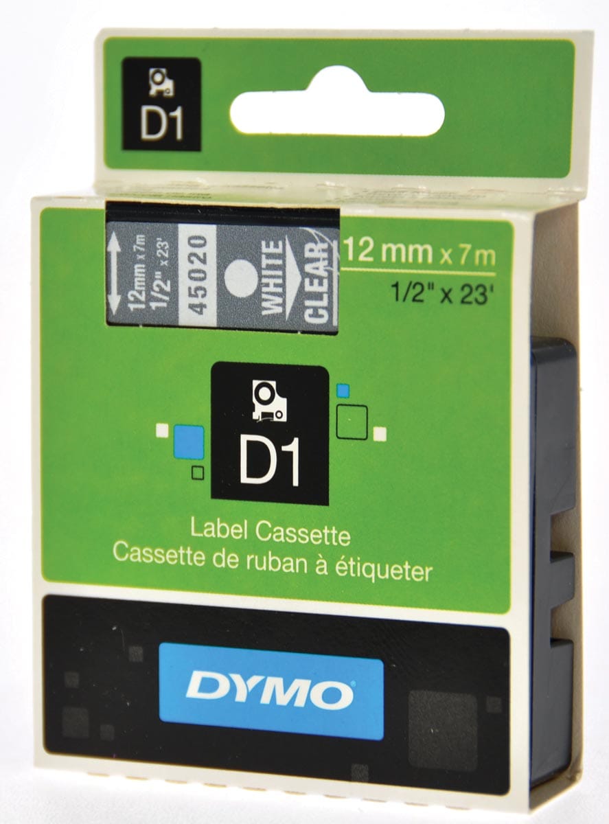 Dymo D1 tape 12 mm, wit op transparant | Portaal Check